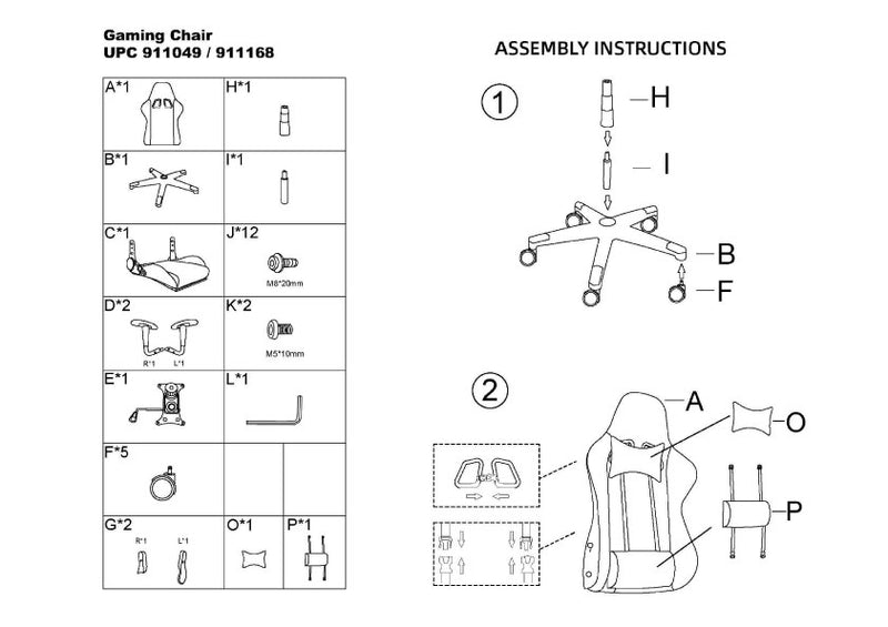 Replacement parts for Gaming Chair - All Black -911049/911168 ...